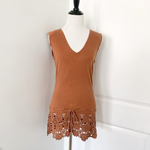 Vintage | Tops | Vintage Brown Lace Trim Tunic Top | Poshmark